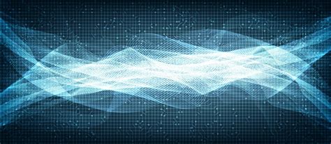 빛 디지털 사운드 웨이브 낮고 높이 리히터는 파란색 배경 기술 및 지진 웨이브 다이어그램 개념 음악 스튜디오 및 과학 벡터 일러스트 레이 션을 위한 디자인 곡선에 대한 스톡