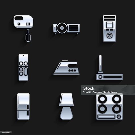 전기 다리미 테이블 램프 가스 렌지 라우터 및 Wifi 신호 냉장고 리모콘 및 믹서 아이콘을 설정합니다 벡터 가열장치에 대한