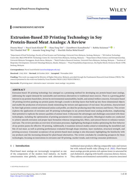 Extrusion‐based 3d Printing Technology In Soy Protein‐based Meat Analogs A Review Request Pdf