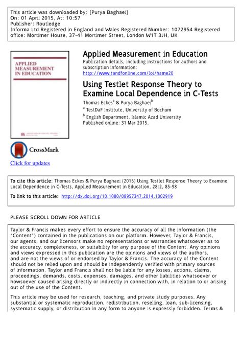 Pdf Using Testlet Response Theory To Examine Local Dependence In C Tests