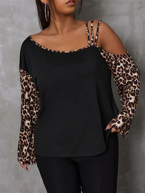Emery Rose Plus Leopard Print Asymmetrical Neck Tee Lace Bodysuit Top