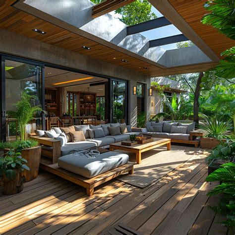 Modern Lanai Design In Tropical Oasis With Skylights And Wood Floors