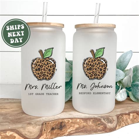 Personalized Teacher Glass Cup Custom Teacher Name Apple Frosted Glass