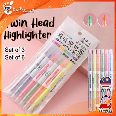 Kaki Jimat Twin Head Highlighter Set Of 3 6 With Round Tip And Chisel Capsule Highlight 6s Colors