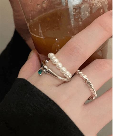 당일발송2개가격 2set 레이어드 진주 실버 반지 세트 에이블리