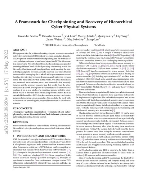 Pdf A Framework For Checkpointing And Recovery Of Hierarchical Cyber Physical Systems