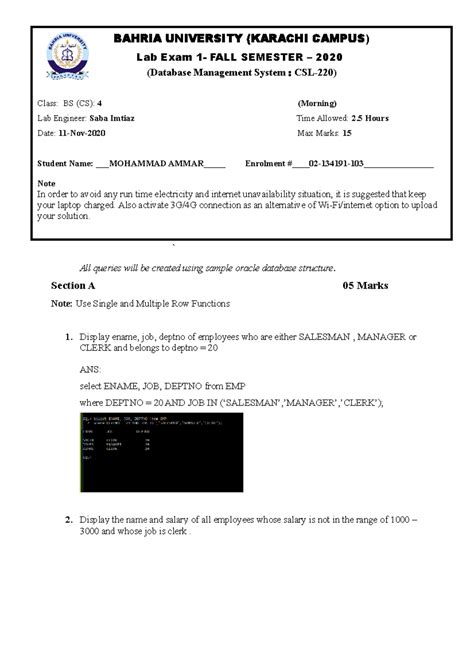Lab Exam Database Management System Bscs ` All Queries Will Be