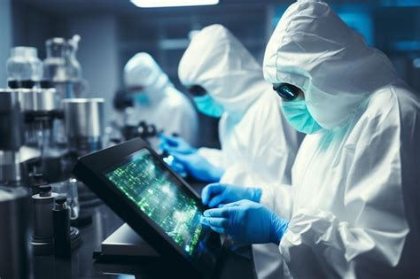Premium Ai Image Lab Team In Protective Gear Employs High Tech