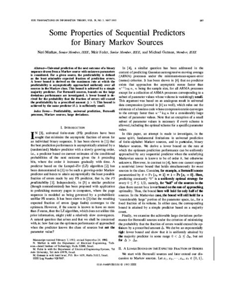 Pdf Some Properties Of Sequential Predictors For Binary Markov Sources