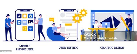 휴대 전화 사용자 사용자 테스트 작은 사람들과 그래픽 디자인 개념 앱 생성 단계 추상 벡터 일러스트레이션 집합입니다 사용자 인터페이스 개발 버그 수정 공개 릴리스 은유