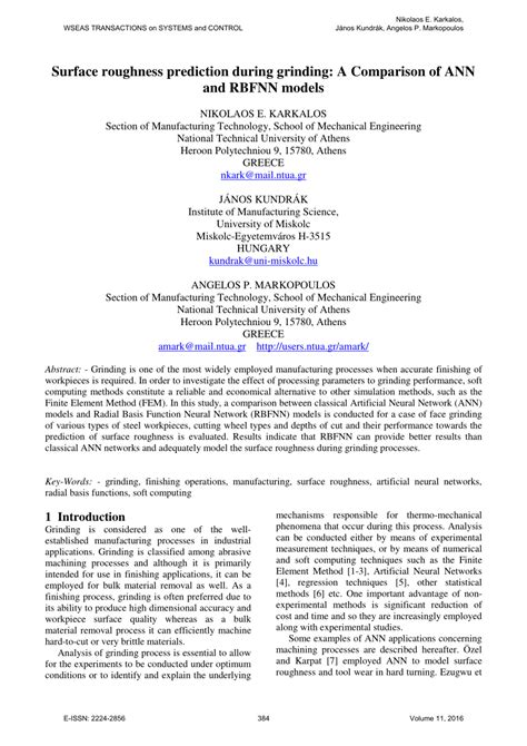 Pdf Surface Roughness Prediction During Grinding A Comparison Of Ann And Rbfnn Models
