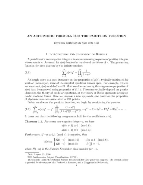 pdf an arithmetic formula for the partition function ken ono