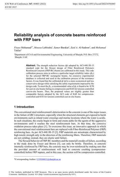 Pdf Reliability Analysis Of Concrete Beams Reinforced With Frp Bars