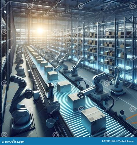 An Automated Warehouse With Robotic Arms Sorting And Organizing