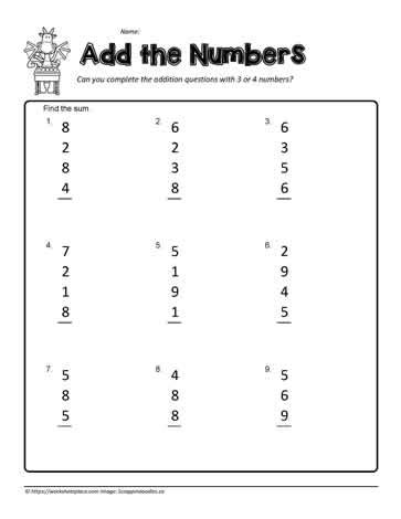 Adding Or More Numbers Worksheets