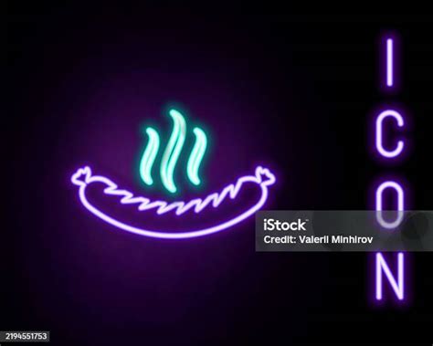 빛나는 네온 라인 소시지 와 스팀 아이콘 고립된 통하고 있는 검은 배경 구운 소시지와 아로마 간판 다채로운 윤곽선 개념 벡터 고기에 대한 스톡 벡터 아트 및 기타 이미지