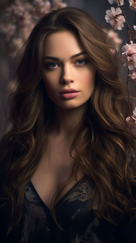 A Woman With Long Brown Hair Standing In Front Of Pink Flowers And