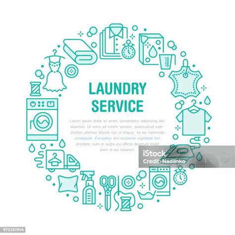 드라이 클리닝 블루 플랫 라인 아이콘 배너 그림 세탁 서비스 장비 세탁기 의류 가죽 수리 김이 복 원형 템플릿 얇은 색된 표지판 빨래방 포스터 가죽에 대한 스톡 벡터 아트