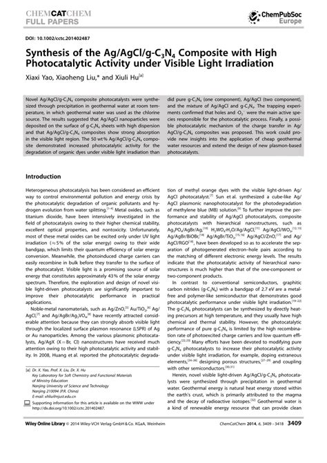 Pdf Synthesis Of The Ag Agcl G C3n4 Composite With High Photocatalytic Activity Under Visible