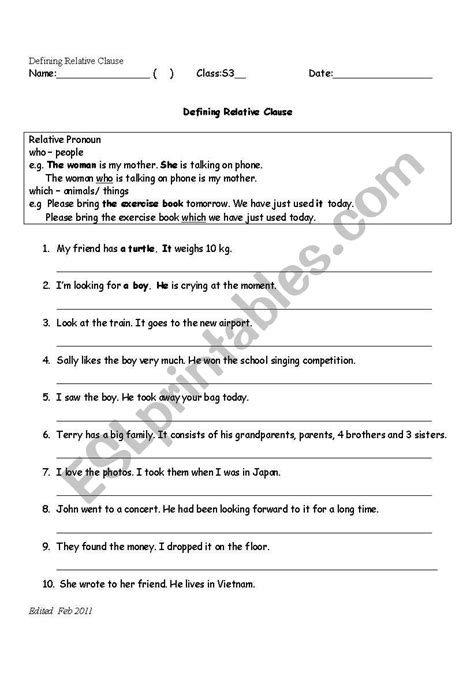 Defining Relative Clause ESL Worksheet By Rlkc