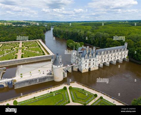 Aerial View Of A Castle On The River Cher With Surrounding Geometric