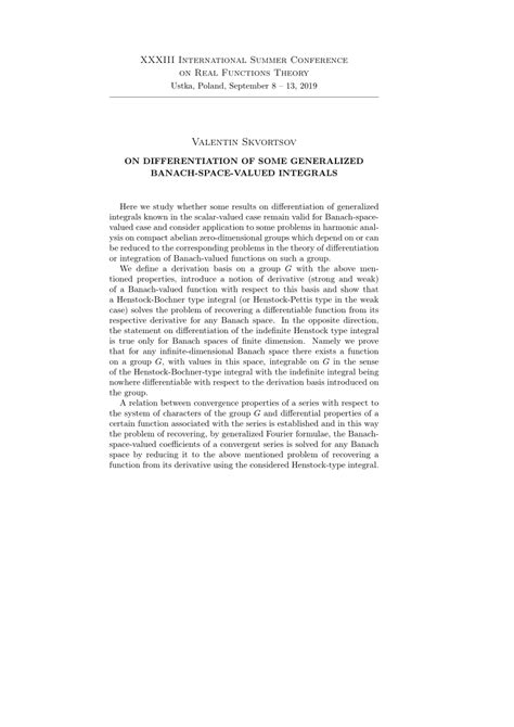 Pdf On Differentiation Of Some Generalized Banach Space Valued Integrals