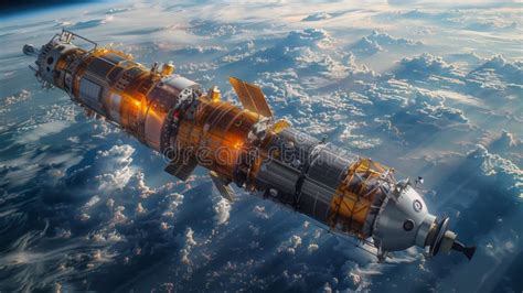 A Futuristic Spacecraft Equipped With Electric Propulsion Engines Orbiting Earth Stock Image