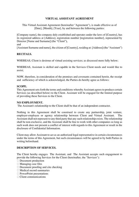 Free Printable Virtual Assistant Contract Templates Word Pdf