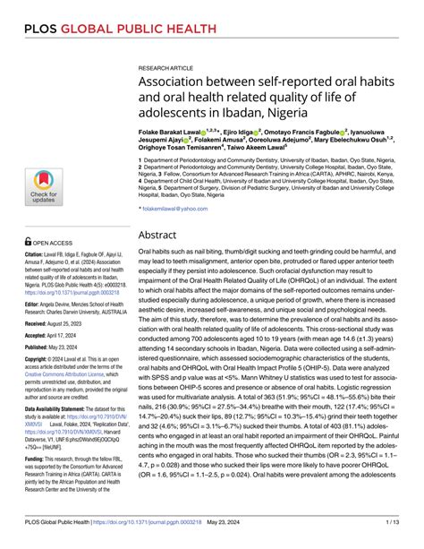 Pdf Association Between Self Reported Oral Habits And Oral Health Related Quality Of Life Of