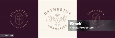 여성용 로고 엠블럼 디자인 템플릿세트 여성 손과 꽃 벡터 일러스트리 세프 미니멀 라인 아트 스타일 0명에 대한 스톡 벡터 아트