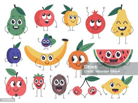 과일 문자입니다 낙서 채식 음식 마스코트 행복 과일 만화 감정 귀여운 사과 바나나와 재미 아보카도 고립 벡터 아이콘 세트 가공의 인물에 대한 스톡 벡터 아트 및 기타 이미지