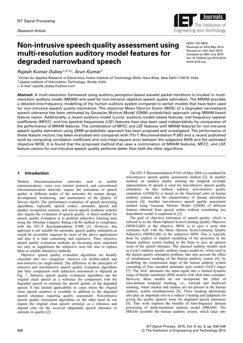 PDF Non Intrusive Speech Quality Assessment Using Multi Resolution Auditory Model Features For