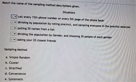 Solved Match The Name Of The Sampling Method Descriptions Given