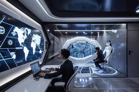 futuristic office space with humans and robots collaborating on a