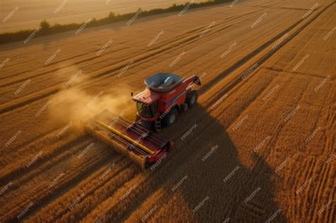 수확 밀 곡물 트랙터 콤바인 수확기 농업의 마지막 단계에서 일련의 작업 수확된 작물 비옥도 및 가족 복지 성숙한 농산물 및 식품