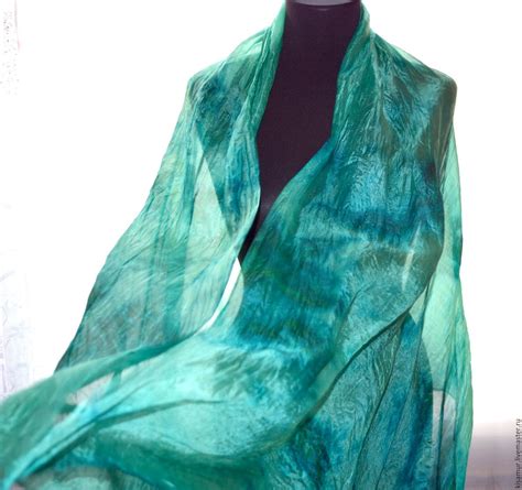 шарф светло изумрудный с сине зелёным широкий длинный женский шёлковый в интернет магазине на