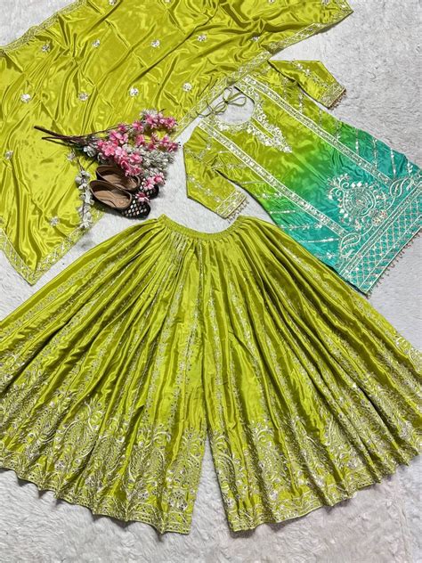 Wonderful Coding Sequence Work Green Color Sharara Suit Vastracloth