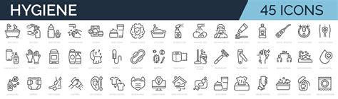 위생과 관련된 45개의 윤곽선 아이콘 세트입니다 선형 아이콘 컬렉션 벡터 일러스트 레이 션입니다 편집 가능한 획 씻기에 대한