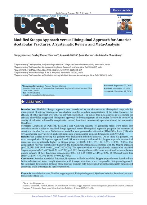 Pdf Modified Stoppa Approach Versus Ilioinguinal Approach For Anterior Acetabular Fractures A