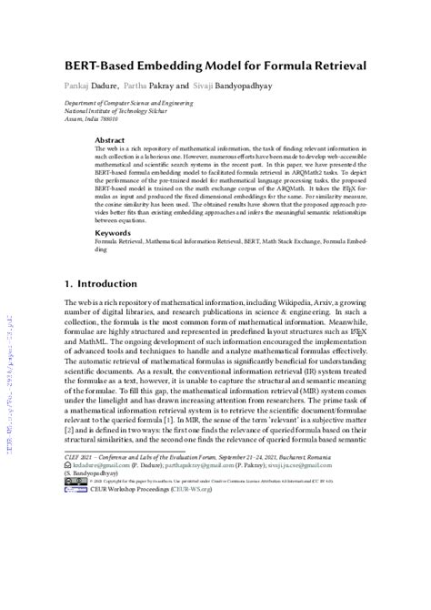 (PDF) BERT-Based Embedding Model for Formula Retrieval | Pankaj Kundan Dadure - Academia.edu