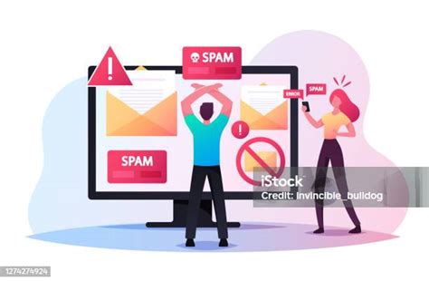 작은 남성 캐릭터는 스팸 경고와 화면에 봉투를 엽니 다 거대한 컴퓨터 모니터의 앞에 서 정보 쓰레기 대형에 대한 스톡 벡터 아트 및 기타 이미지 Istock