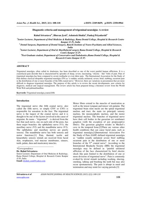 Pdf Diagnostic Criteria And Management Of Trigeminal Neuralgia A Review