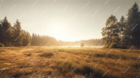 Premium Ai Image A Forest Scene With A Field And Trees In The Background