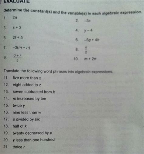 Determine The Constants And The Variables In Each Algebraic Expression Brainlyph