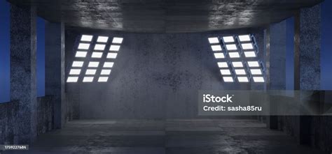 스포트라이트가 비추는 콘크리트 배경 격납고 콘크리트 Led 조명 스포트라이트 차고 미래 지향적인 배경입니다 미래 지향적인 복도