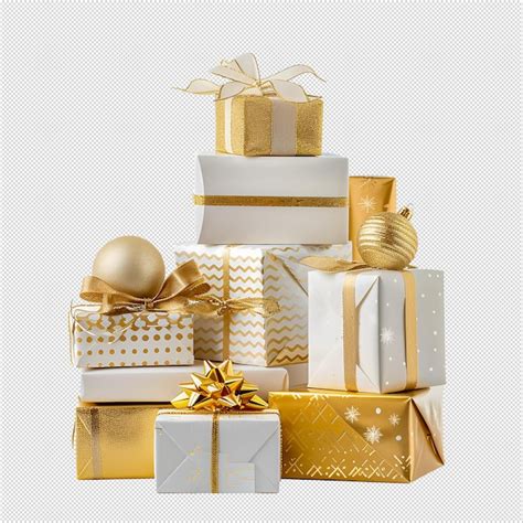 A Stack Of Gold And White Presents With Gold Bows Premium Ai