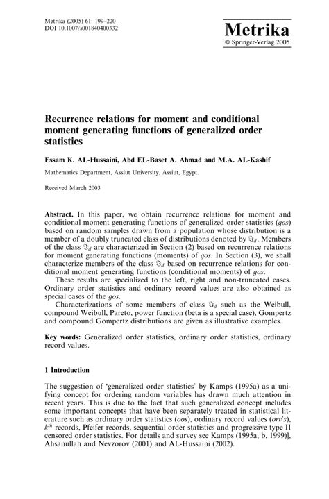 Pdf Recurrence Relations For Moment And Conditional Moment Generating Functions Of Generalized