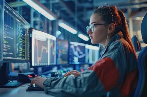 Premium Photo Female It Programmer Working In Data Center With Young Team