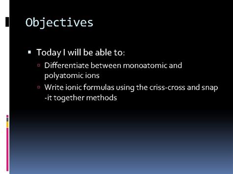 MONOATOMIC VS POLYATOMIC IONS NAMING IONIC FORMULAS Objectives