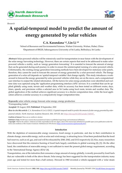 Pdf A Spatial Temporal Model To Predict The Amount Of Energy Generated By Solar Vehicles